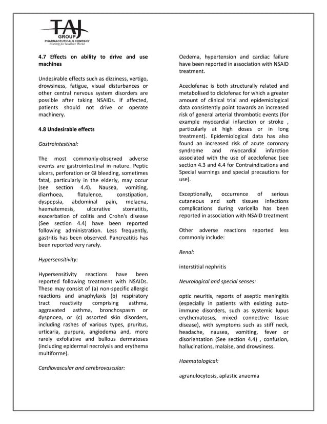 Aceclofenac 100mg Tablets Taj Pharma SmPC PIL | PDF
