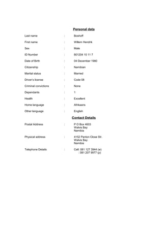 CV W H Boshoff | DOC