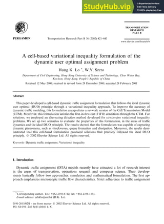 A Cell-Based Variational Inequality Formulation Of The Dynamic User Optimal Assignment Problem | PDF