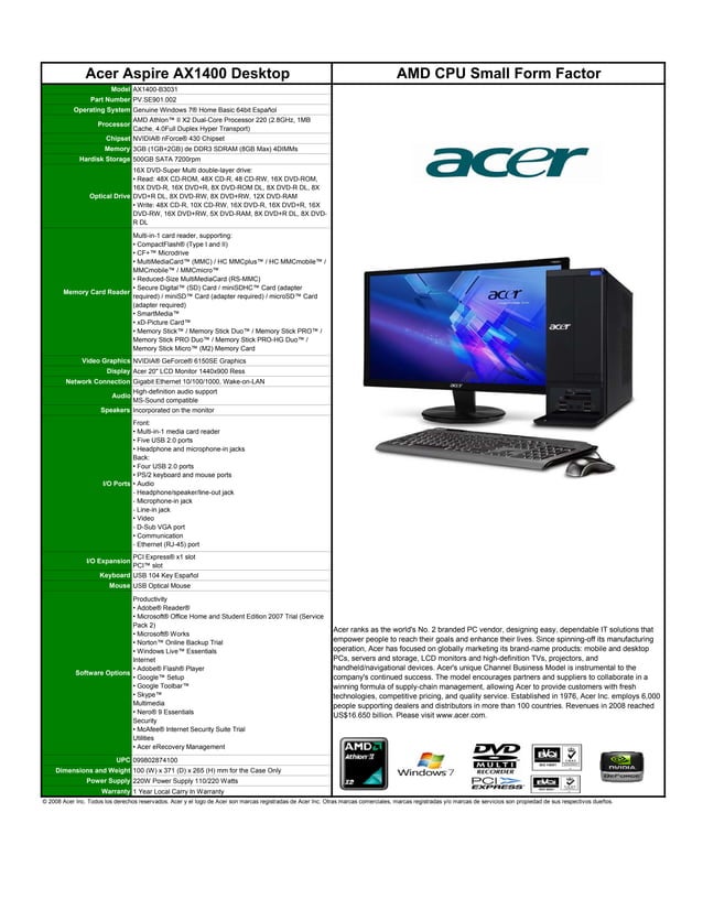 Acer ax1400 b3031 athl ii x2 220 desktop | PDF