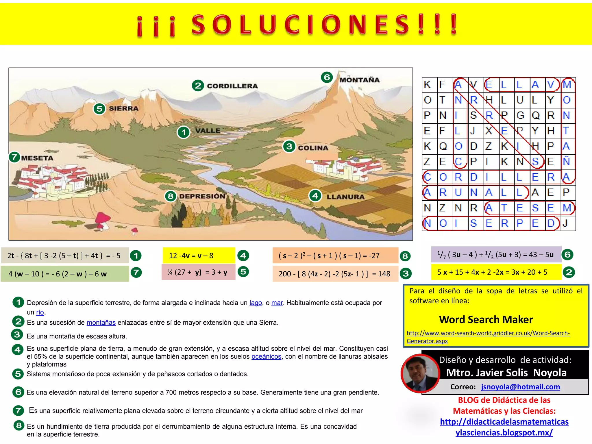 Acertijo de Accidentes Geográficos con Ecuaciones de 1er. grado y Sopa ...