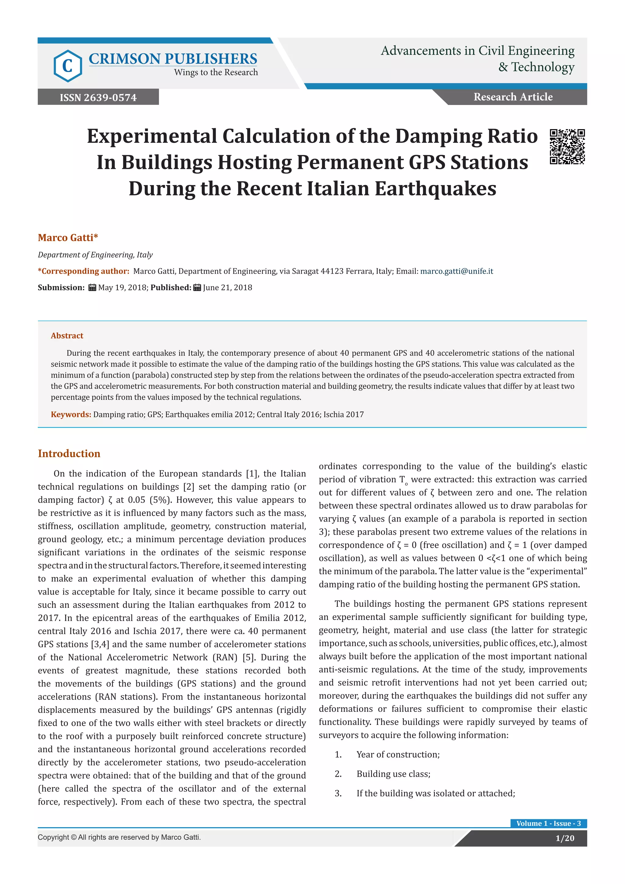 Experimental Calculation of the Damping Ratio In Buildings Hosting ...