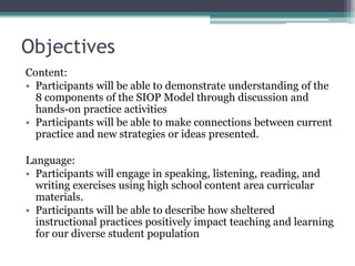 The SIOP model...an Overview | PPTX | Homework and Study | Education