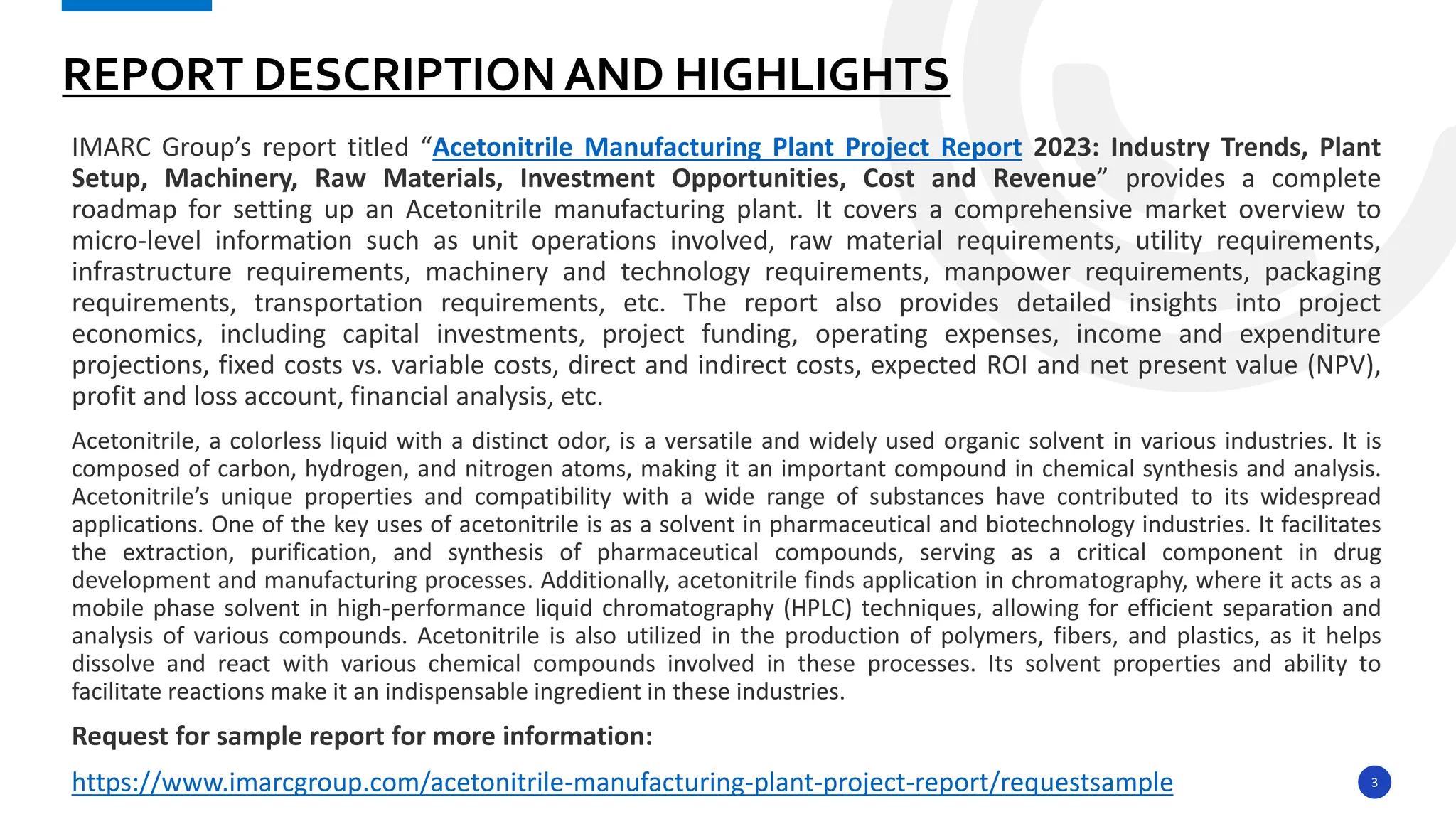 Setting Up a Successful Acetonitrile Manufacturing Unit: DPR | PPTX