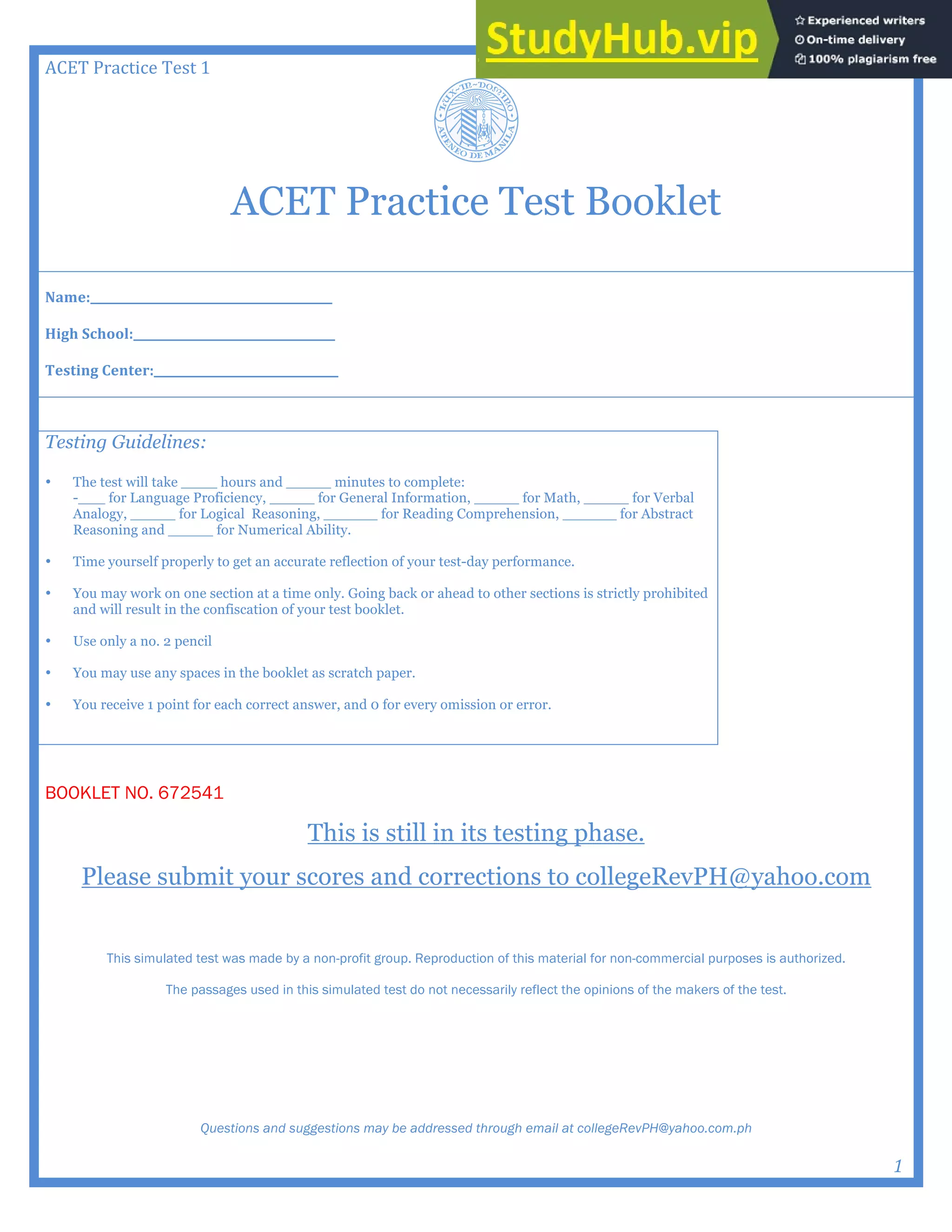 ACET Practice Test 1 ACET Practice Test Booklet | PDF