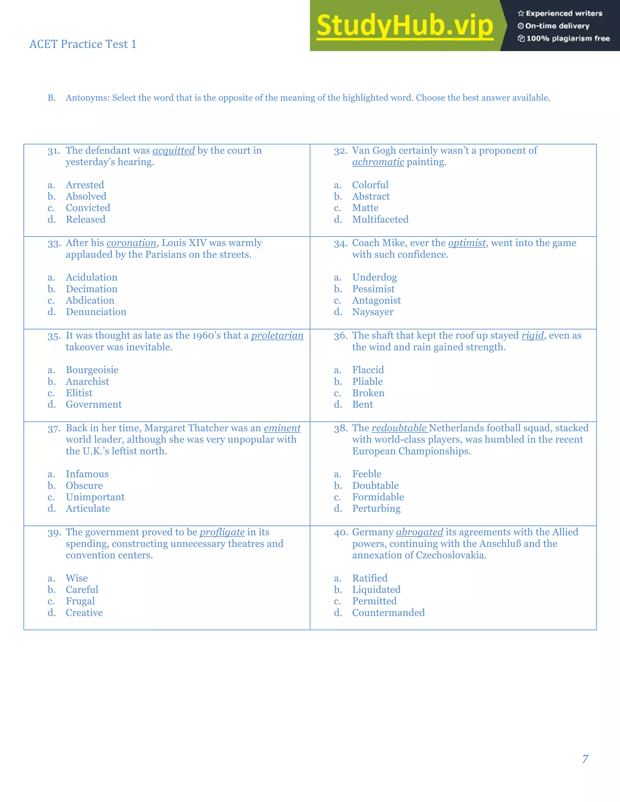 ACET Practice Test 1 ACET Practice Test Booklet | PDF