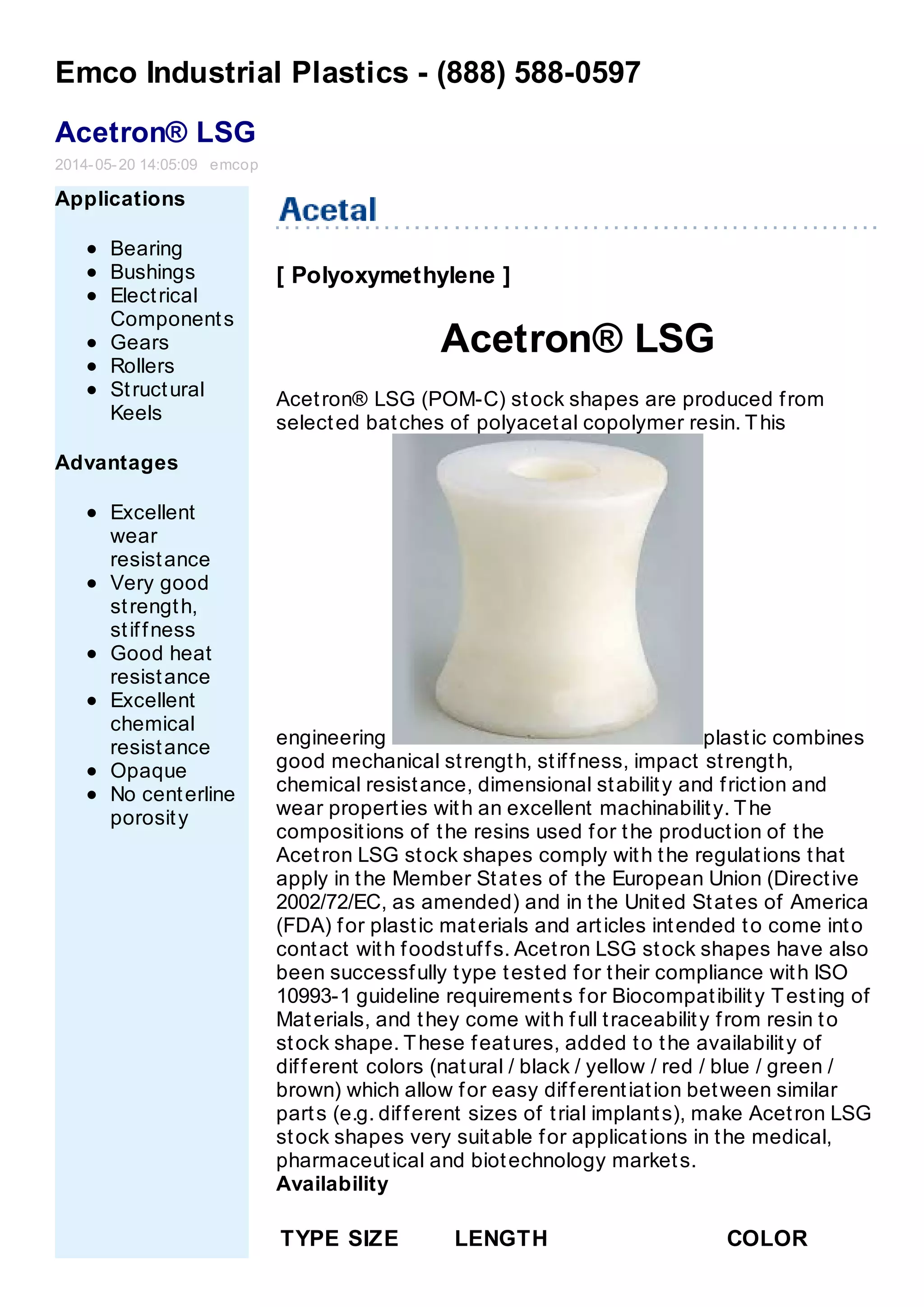 Acetron LSG- Acetal Sheet Wholesaler | PDF