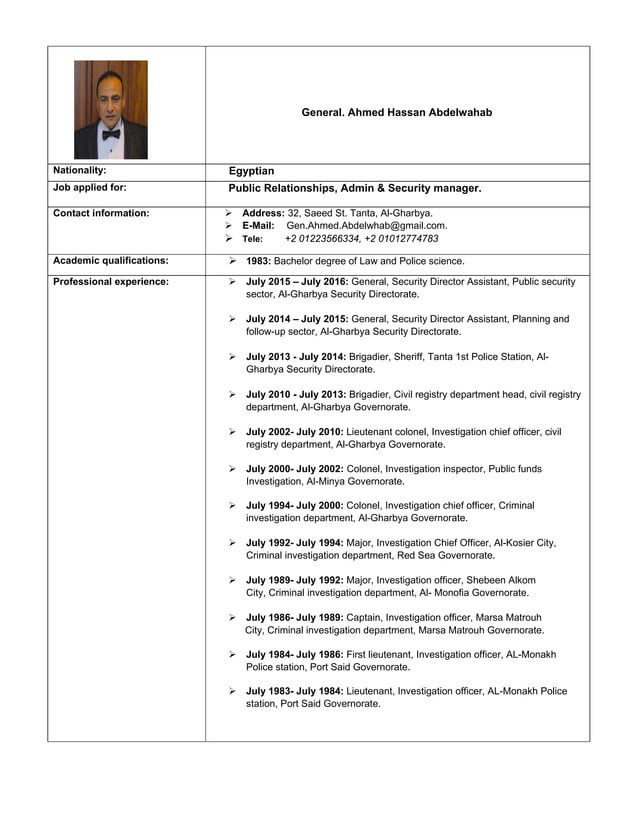 Gen. Ahmed Hassan -PR, Admin & Seccurity manager | PDF