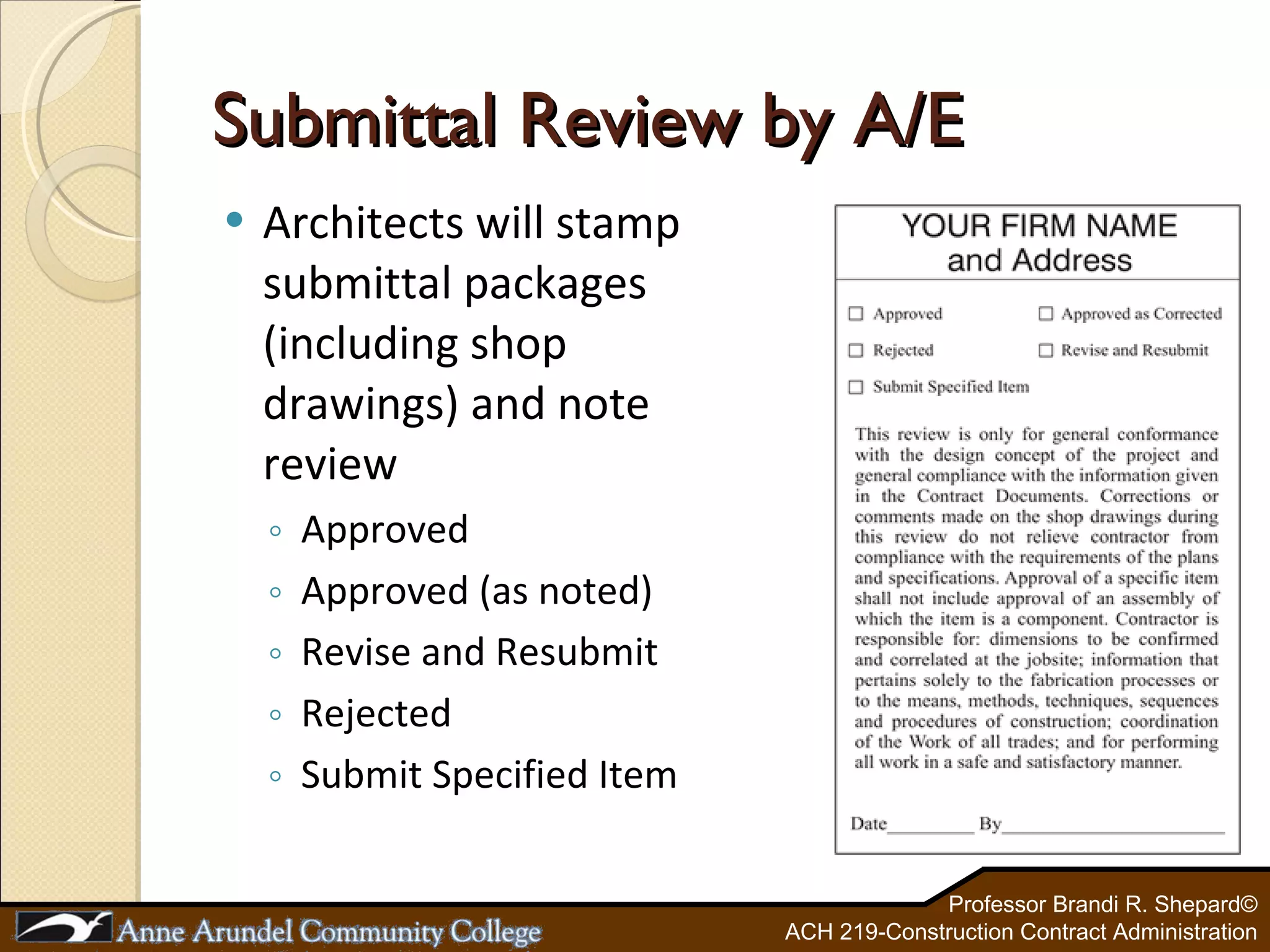 ACH 231 Lecture 08 (Submittals And Shop Drawings) Part 1 | PPT
