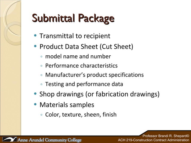 ACH 231 Lecture 08 (Submittals And Shop Drawings) Part 1 | PPT | Civil ...