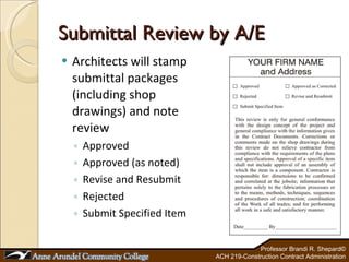 ACH 231 Lecture 08 (Submittals And Shop Drawings) Part 1 | PPT