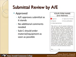 ACH 231 Lecture 08 (Submittals And Shop Drawings) Part 1 | PPT