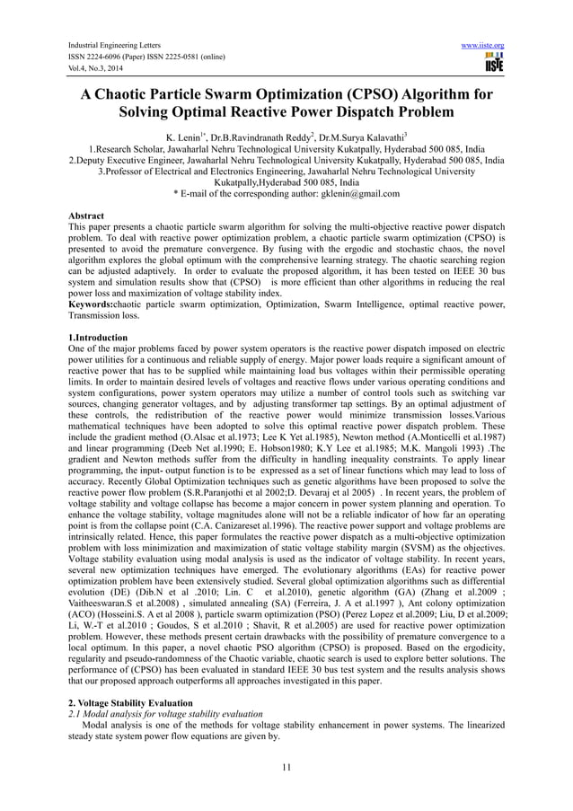 A Chaotic Particle Swarm Optimization Cpso Algorithm For Solving Optimal Reactive Power