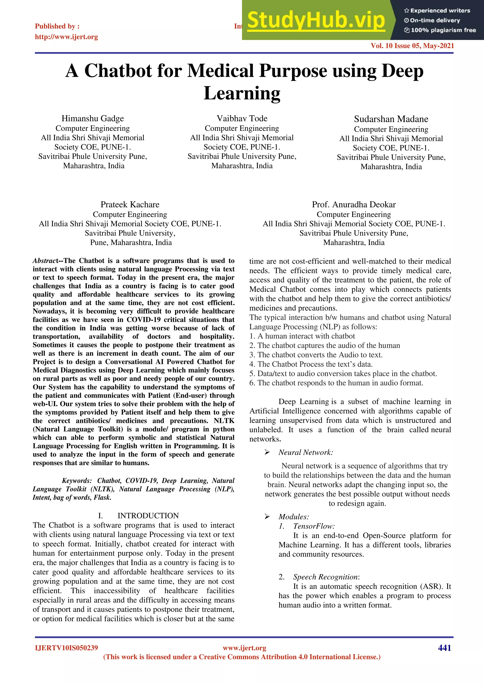 A Chatbot For Medical Purpose Using Deep Learning | PDF