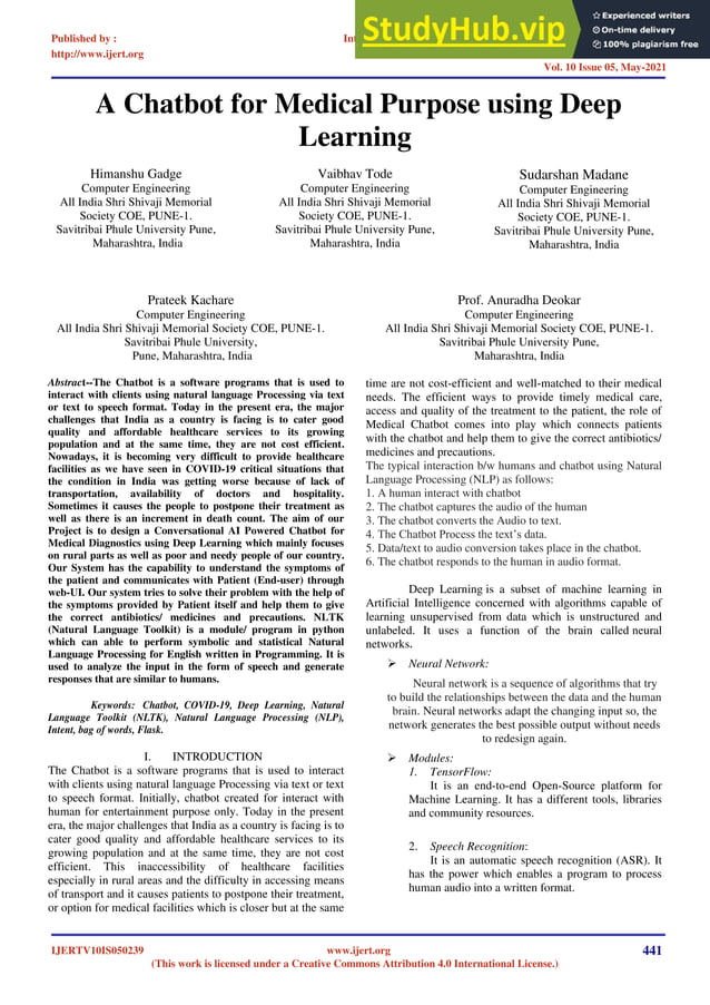 A Chatbot For Medical Purpose Using Deep Learning | PDF