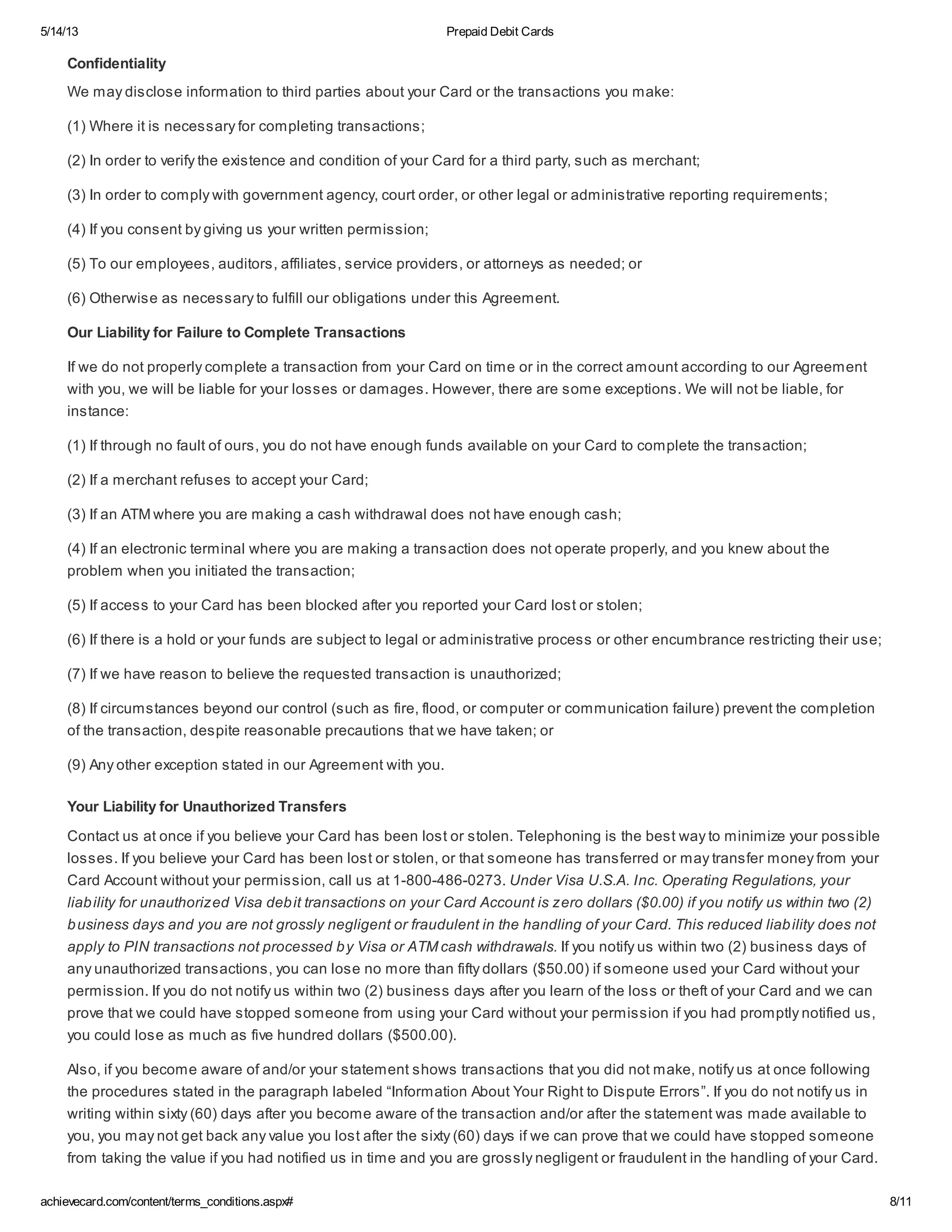 AchieveCard Prepaid Visa Card Cardholder Agreement | PDF