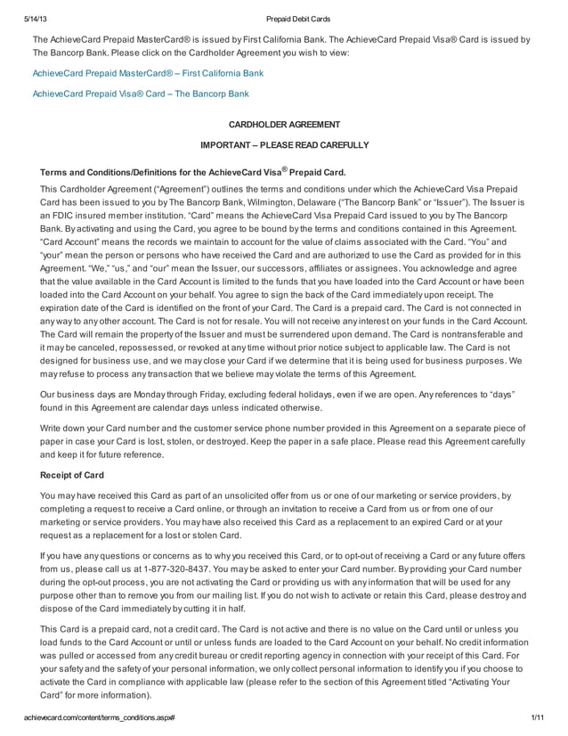 AchieveCard Prepaid Visa Card Cardholder Agreement | PDF