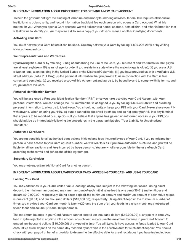 AchieveCard Prepaid Visa Card Cardholder Agreement | PDF