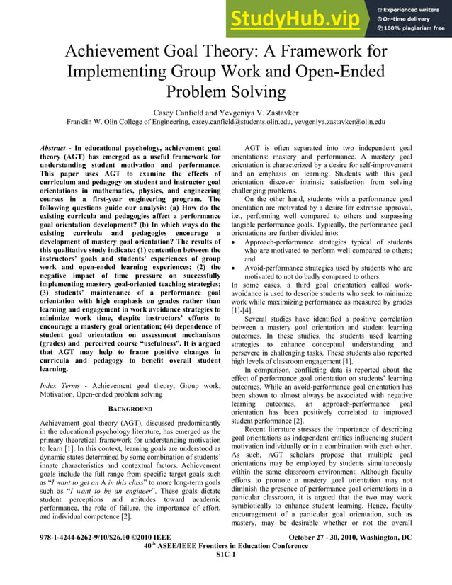 Achievement Goal Theory A Framework For Implementing Group Work And Open-Ended Problem Solving | PDF