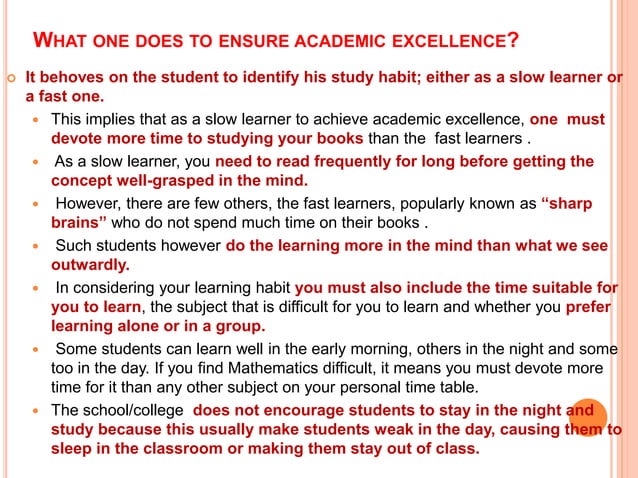 Achieving academic excellence among students | PPT