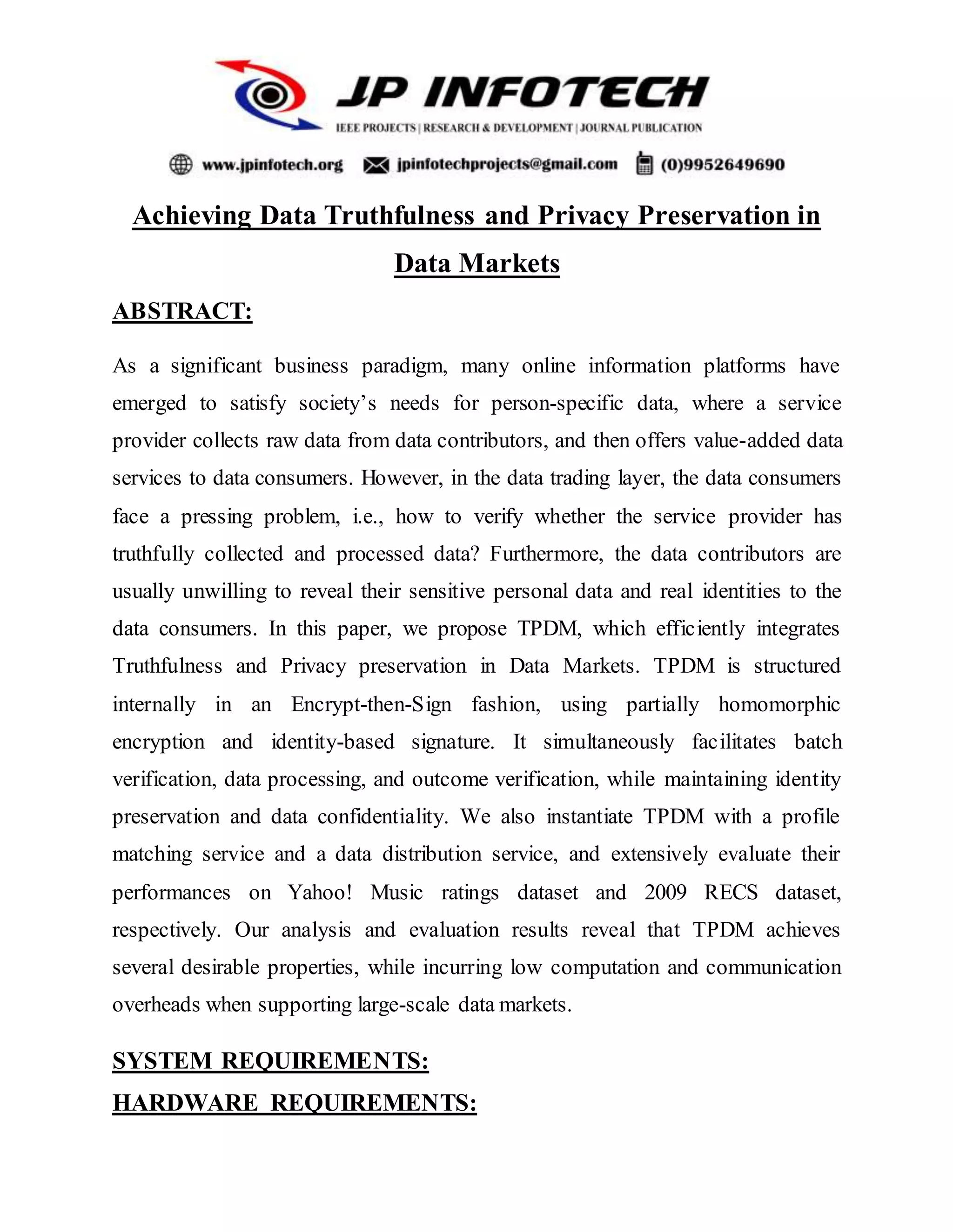 Achieving Data Truthfulness and Privacy Preservation in Data Markets | DOCX
