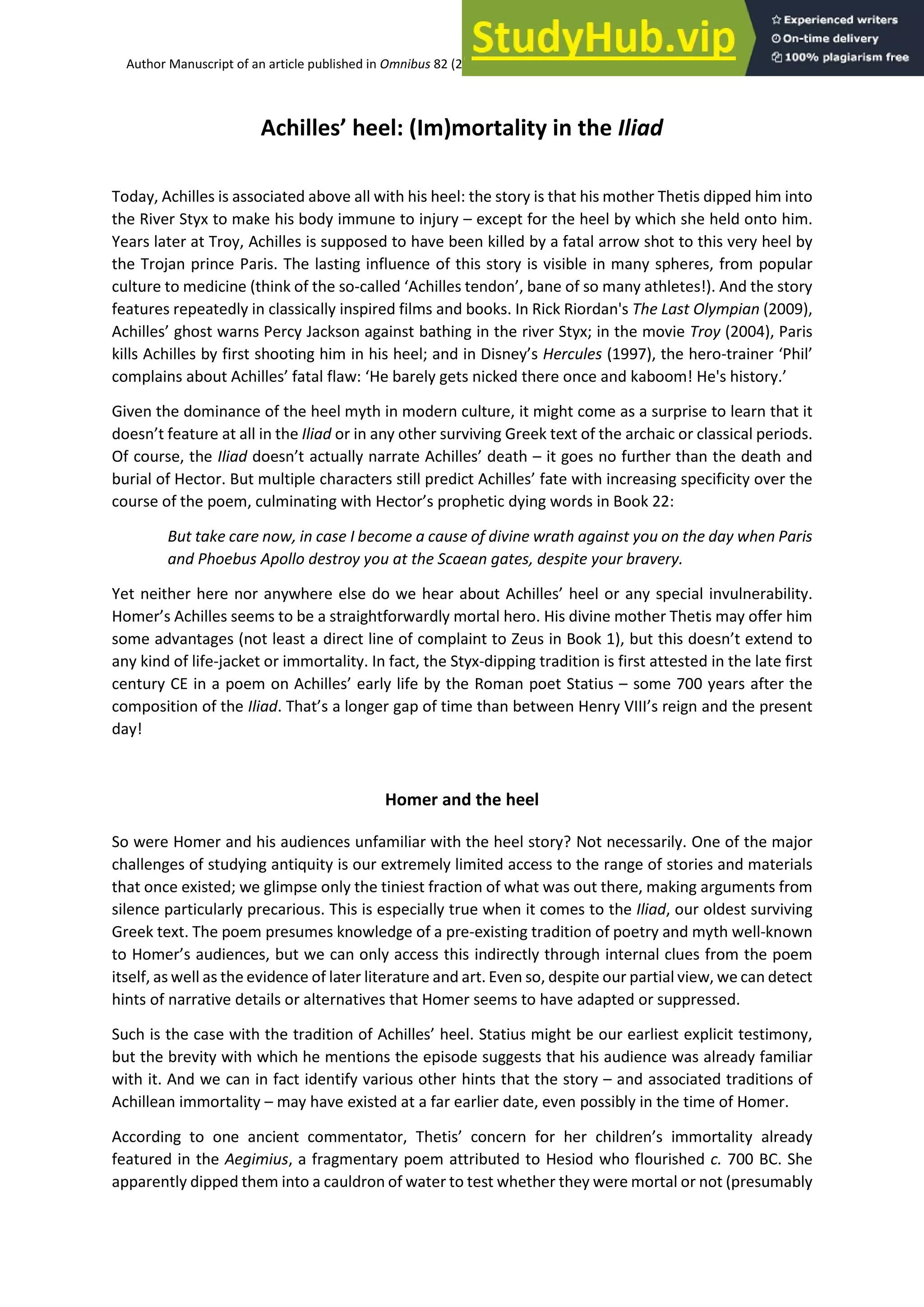 Achilles Heel (Im)Mortality In The Iliad | PDF | Books and Literature