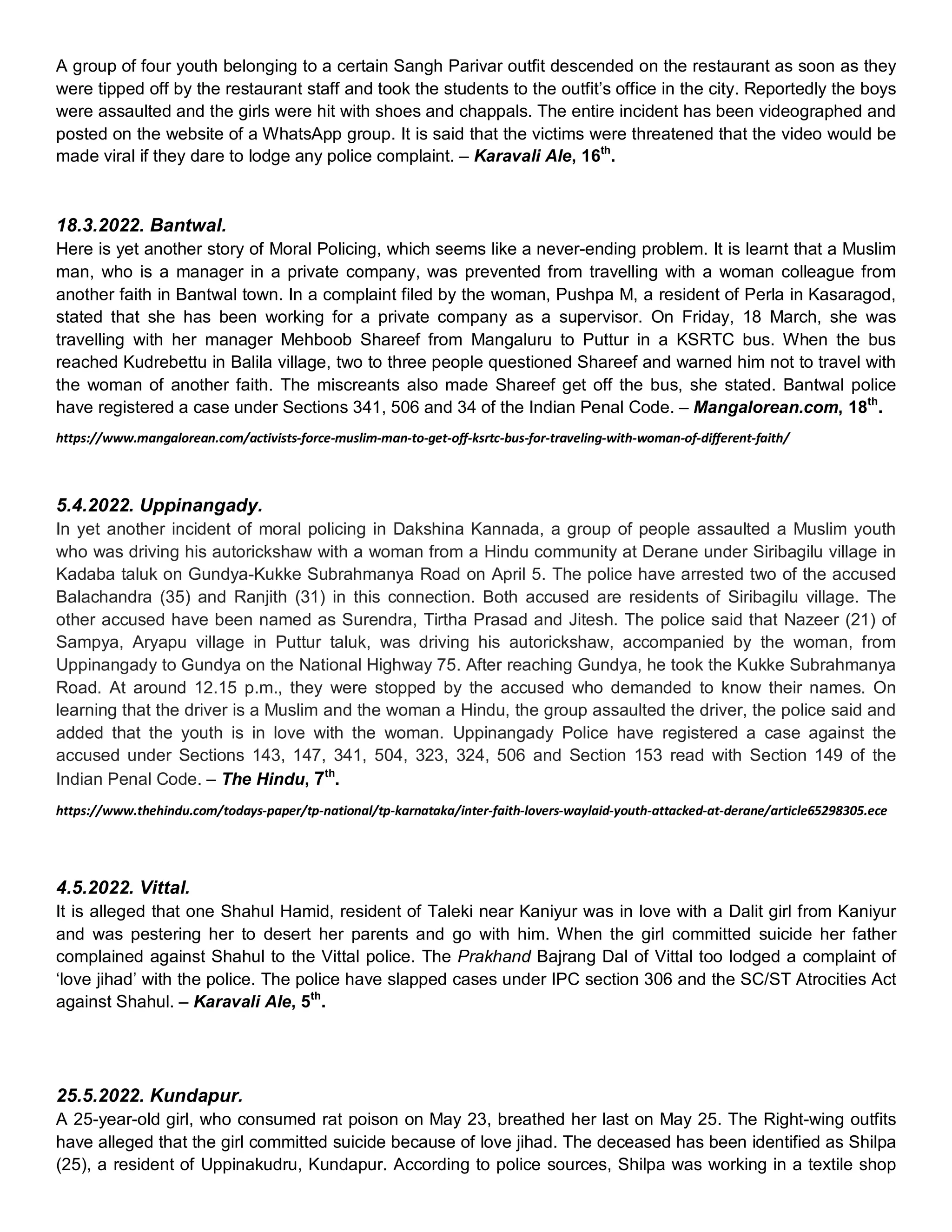 A Chronicle of Communal Incidents in the Coastal Districts of Karnataka 2022.pdf | Crime ...