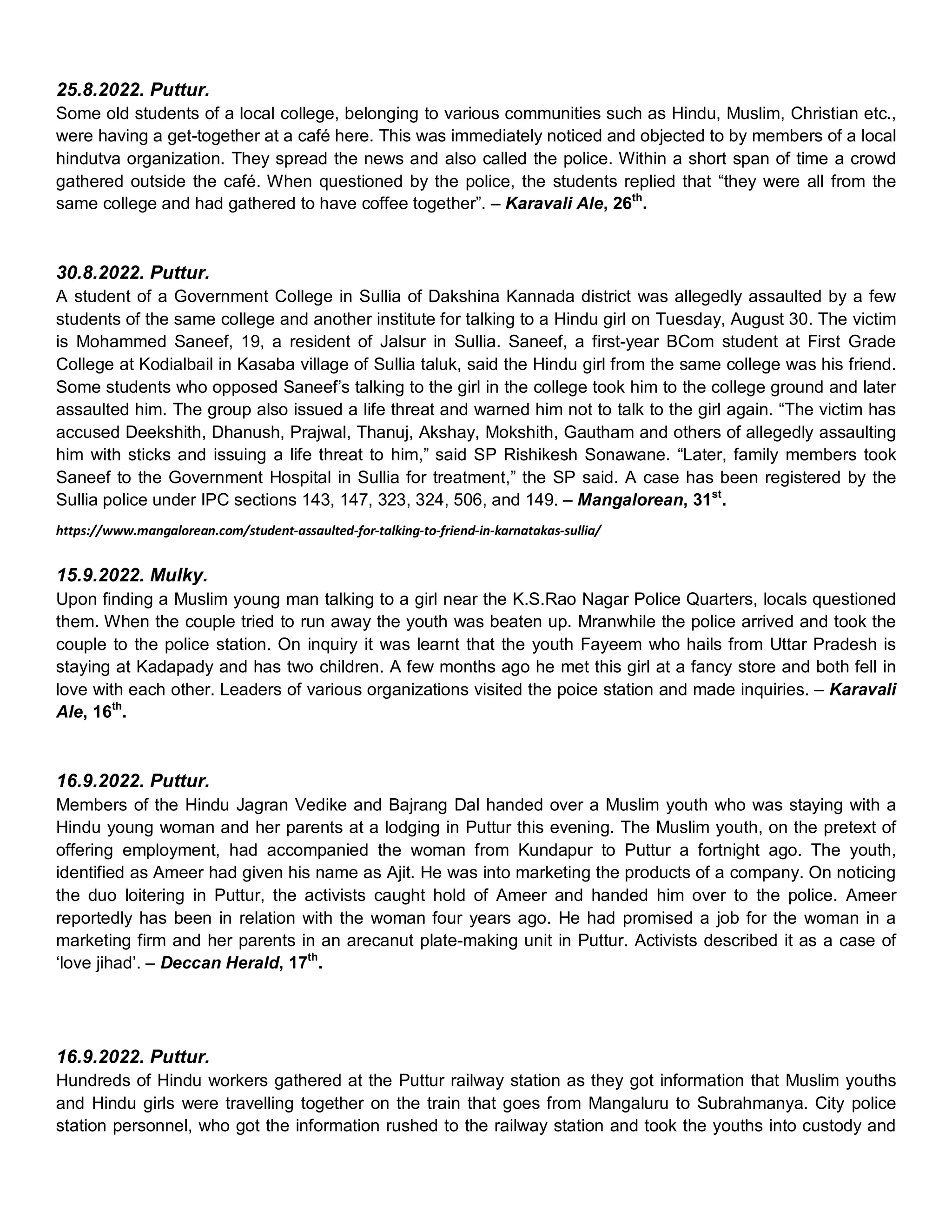 A Chronicle of Communal Incidents in the Coastal Districts of Karnataka 2022.pdf | Crime ...