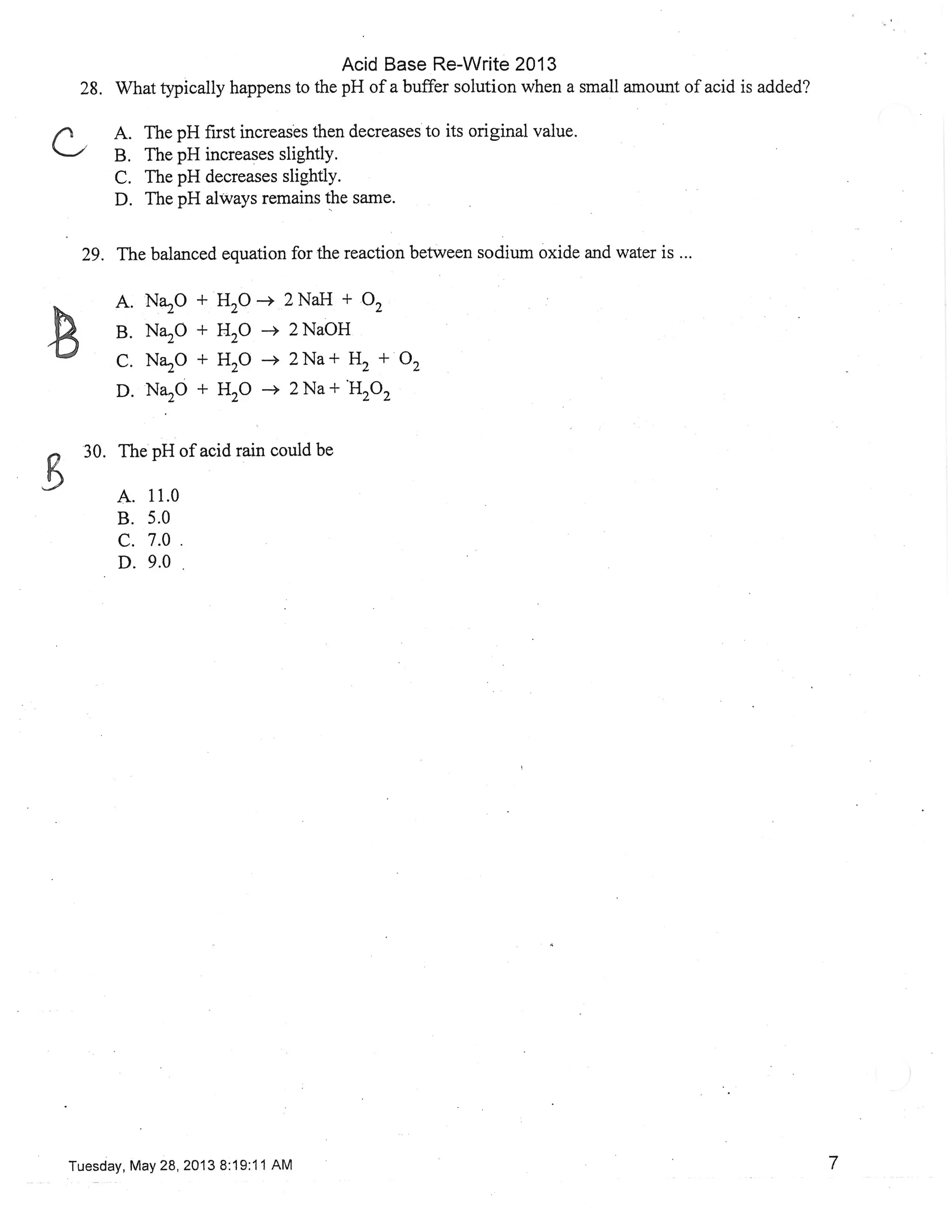 Acid Base Practice Test 4- KEY.pdfgjhggh | PDF | Chemistry | Science