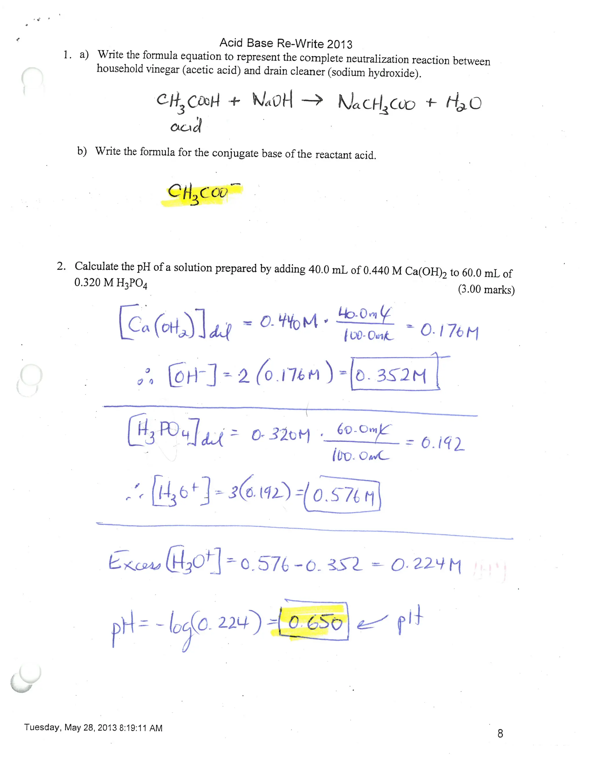 Acid Base Practice Test 4- KEY.pdfgjhggh | PDF | Chemistry | Science