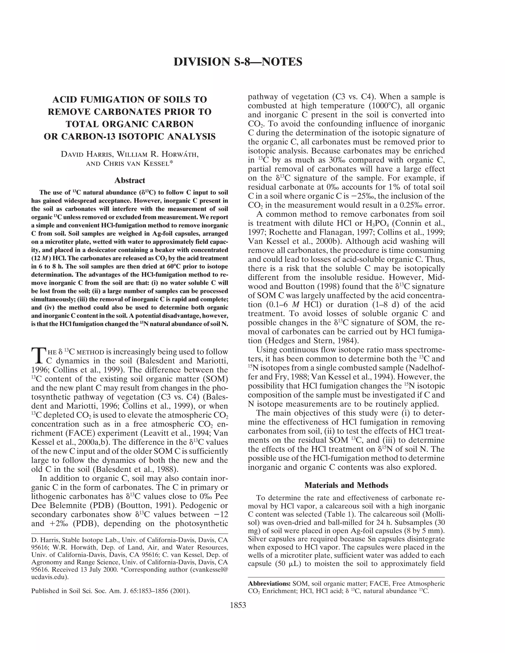 Acid fumigation of soils to remove co3 prior to c 13 isotopic analysis ...