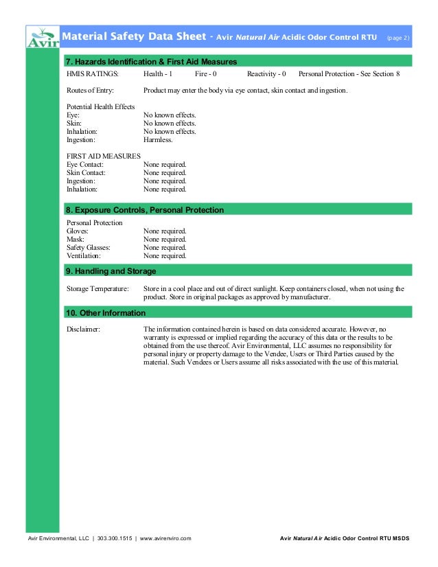 Material Safety Data Sheet - Avir Natural Air Acidic Odor Control RTU
