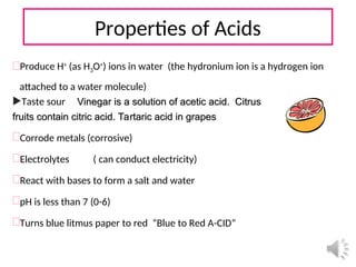 Acids and Bases description definition properties and reactions | PPT