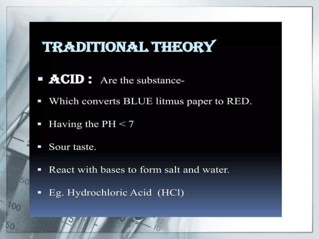Acids and bases: Definition, Examples and different theories or concepts on Acids and Bases | PPTX
