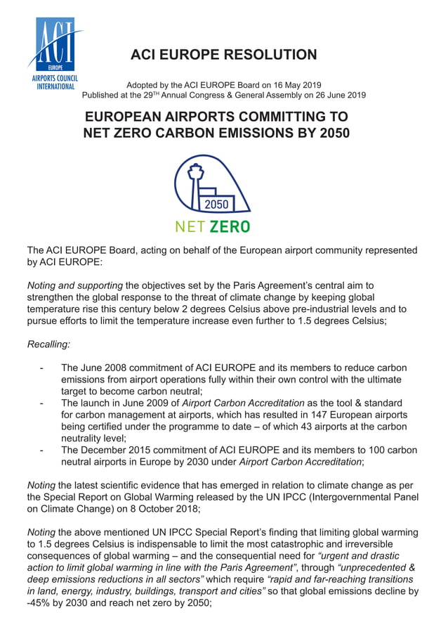 Aci europe resolution european airports committing to net zero carbon ...