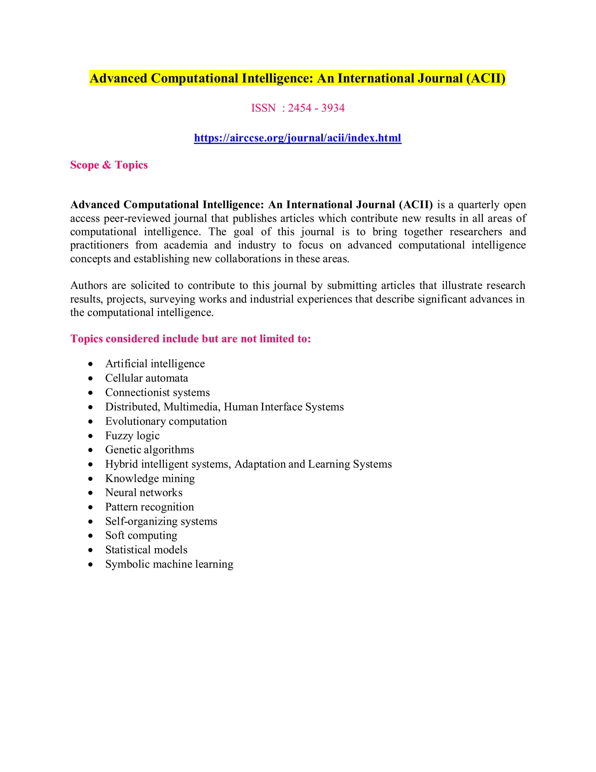 Advanced Computational Intelligence: An International Journal (ACII) | PDF