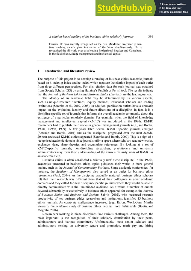 A Citation-Based Ranking Of The Business Ethics Scholarly Journals | PDF