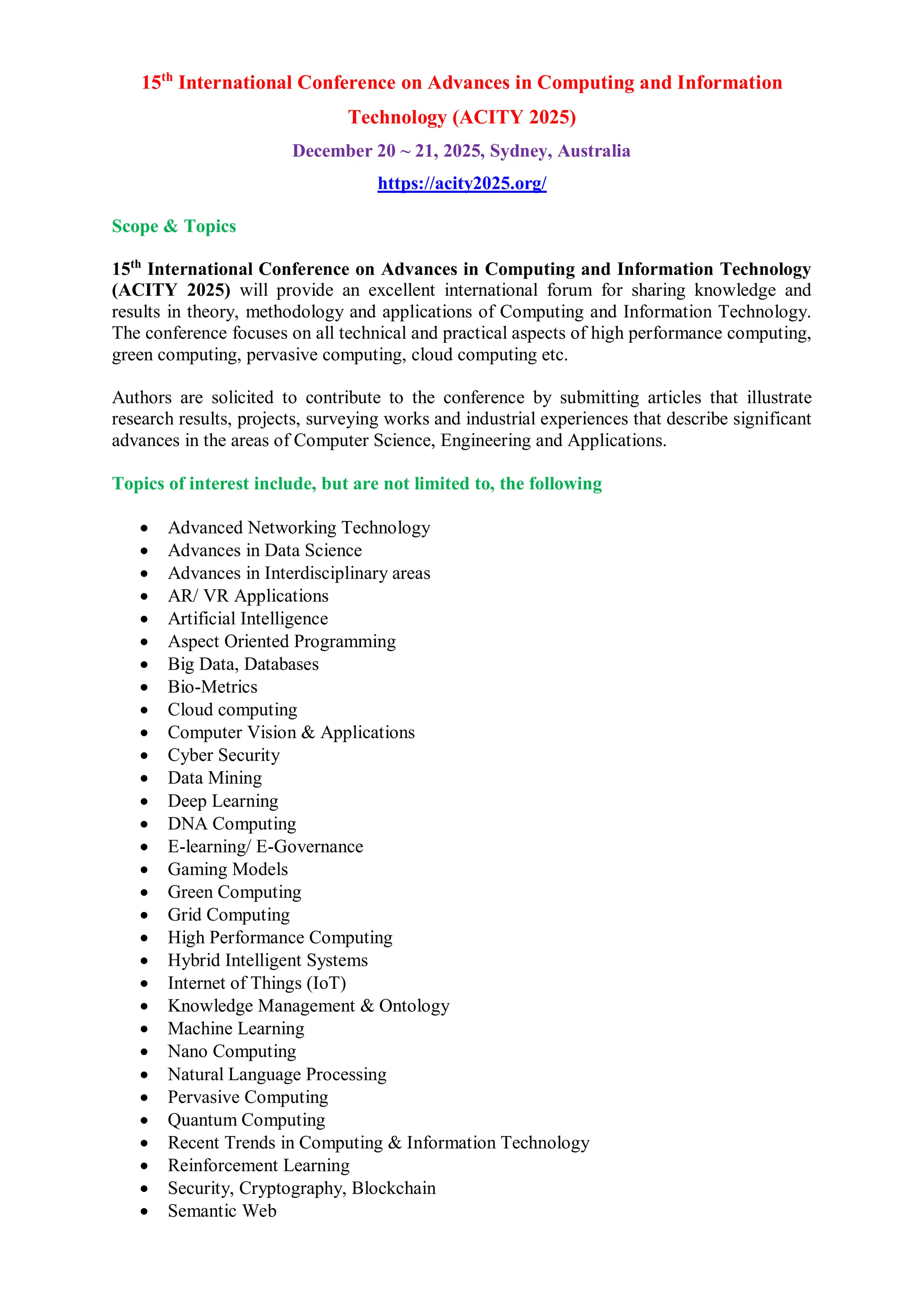 15th International Conference on Advances in Computing and Information Technology (ACITY 2025) | PDF