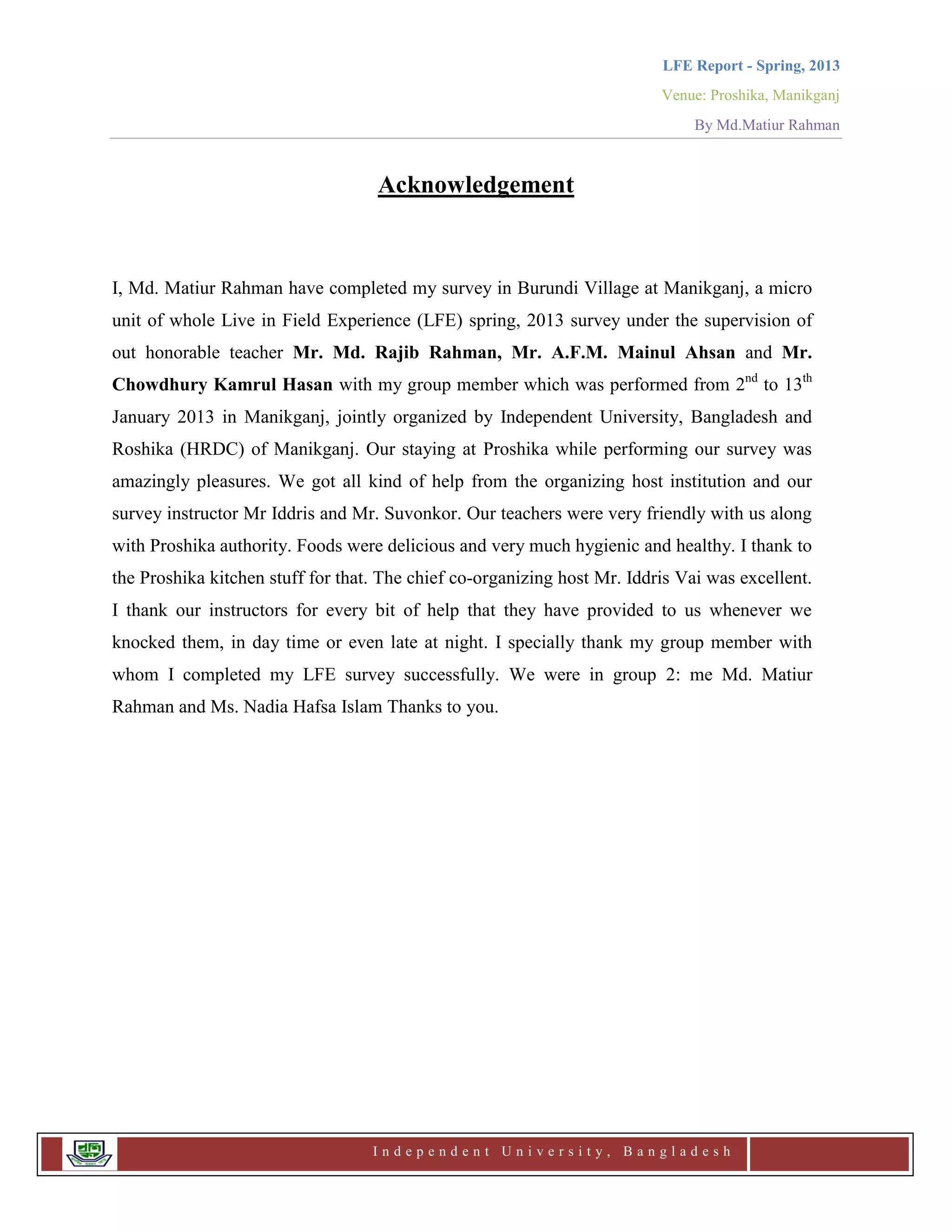 Live in field experience (LFE) Final report's Acknowledgement | PDF