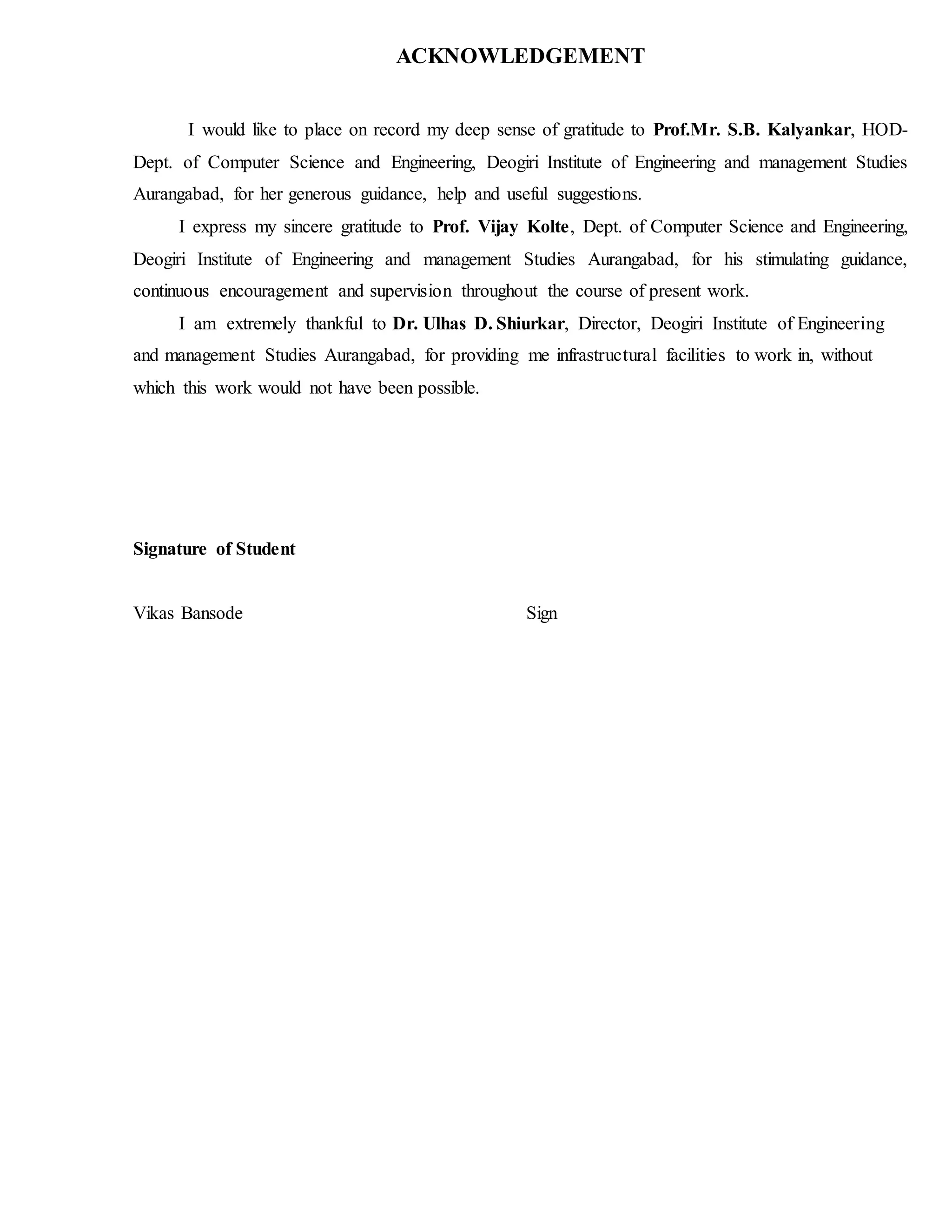 Acknowledgement of seminar report by narayan dudhe | DOCX