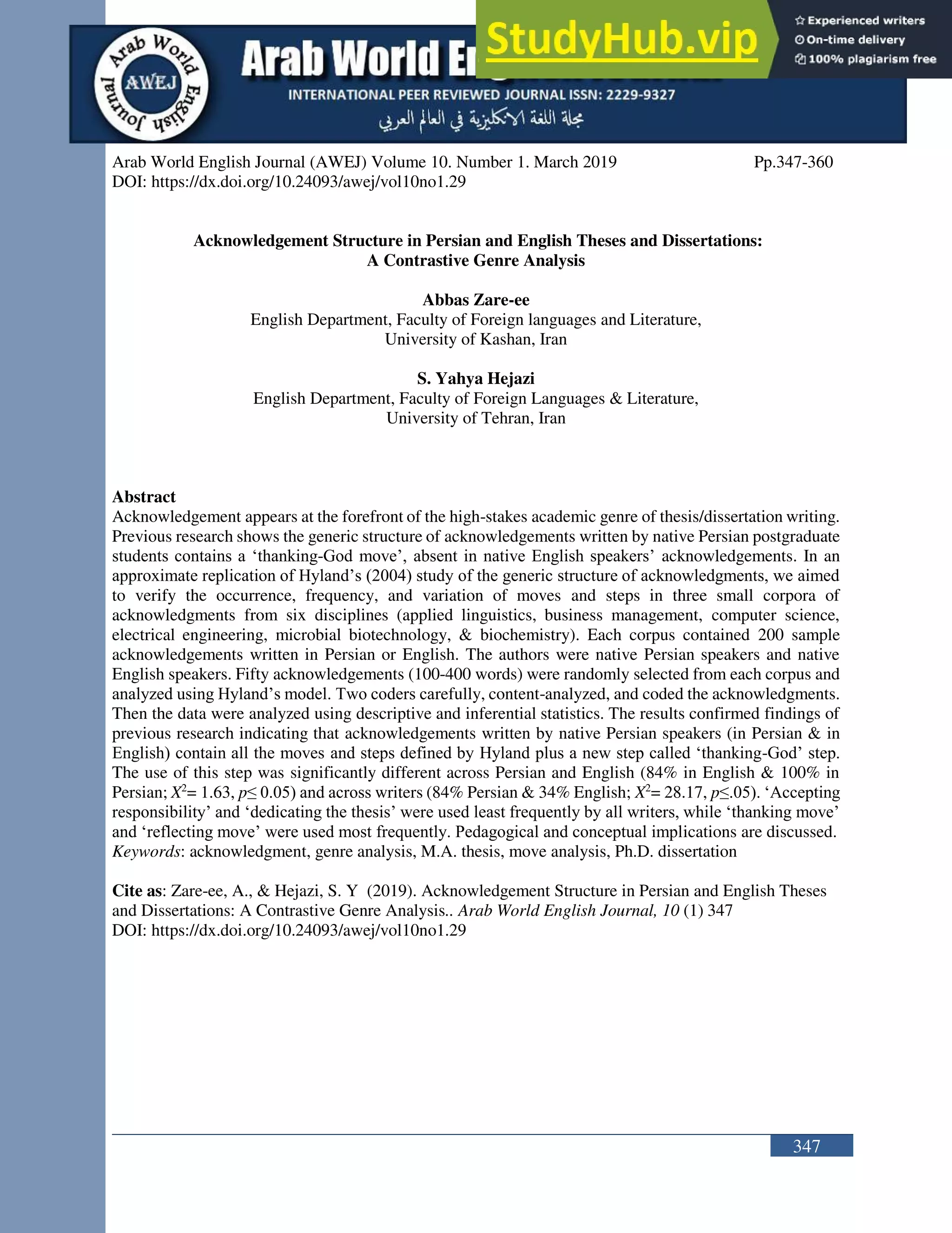 Acknowledgement Structure in Persian and English Theses and Dissertations A Contrastive Genre ...