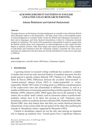 Acknowledgment Patterns In English And Lithuanian Research Writing | PDF