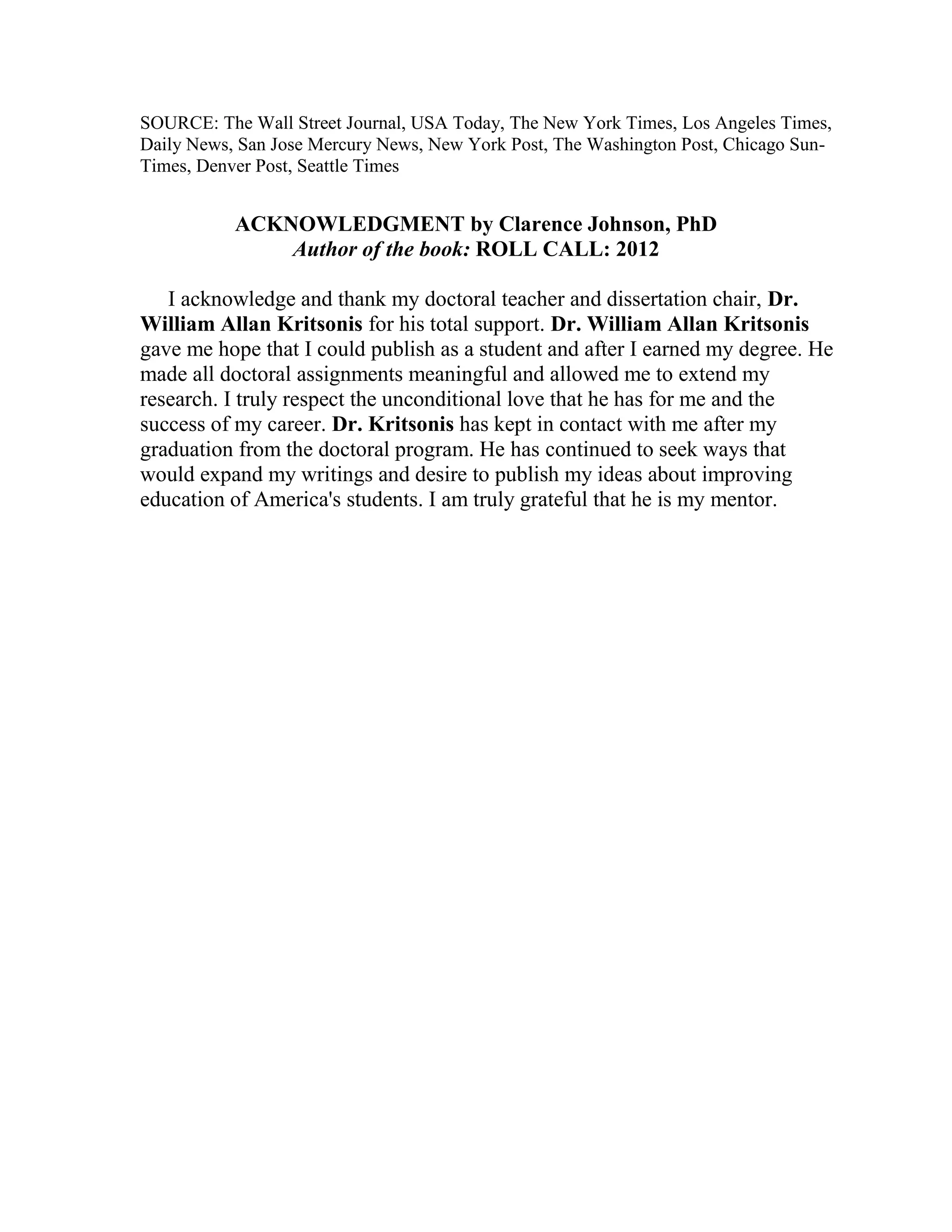 Acknowledgement by Clarence Johnson - Author of the book: ROLL CALL ...