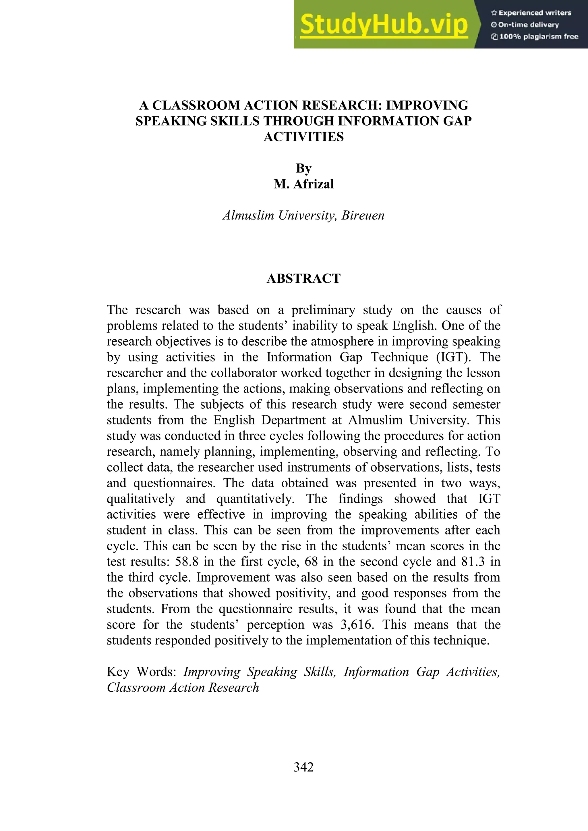 A CLASSROOM ACTION RESEARCH IMPROVING SPEAKING SKILLS THROUGH INFORMATION GAP ACTIVITIES | PDF