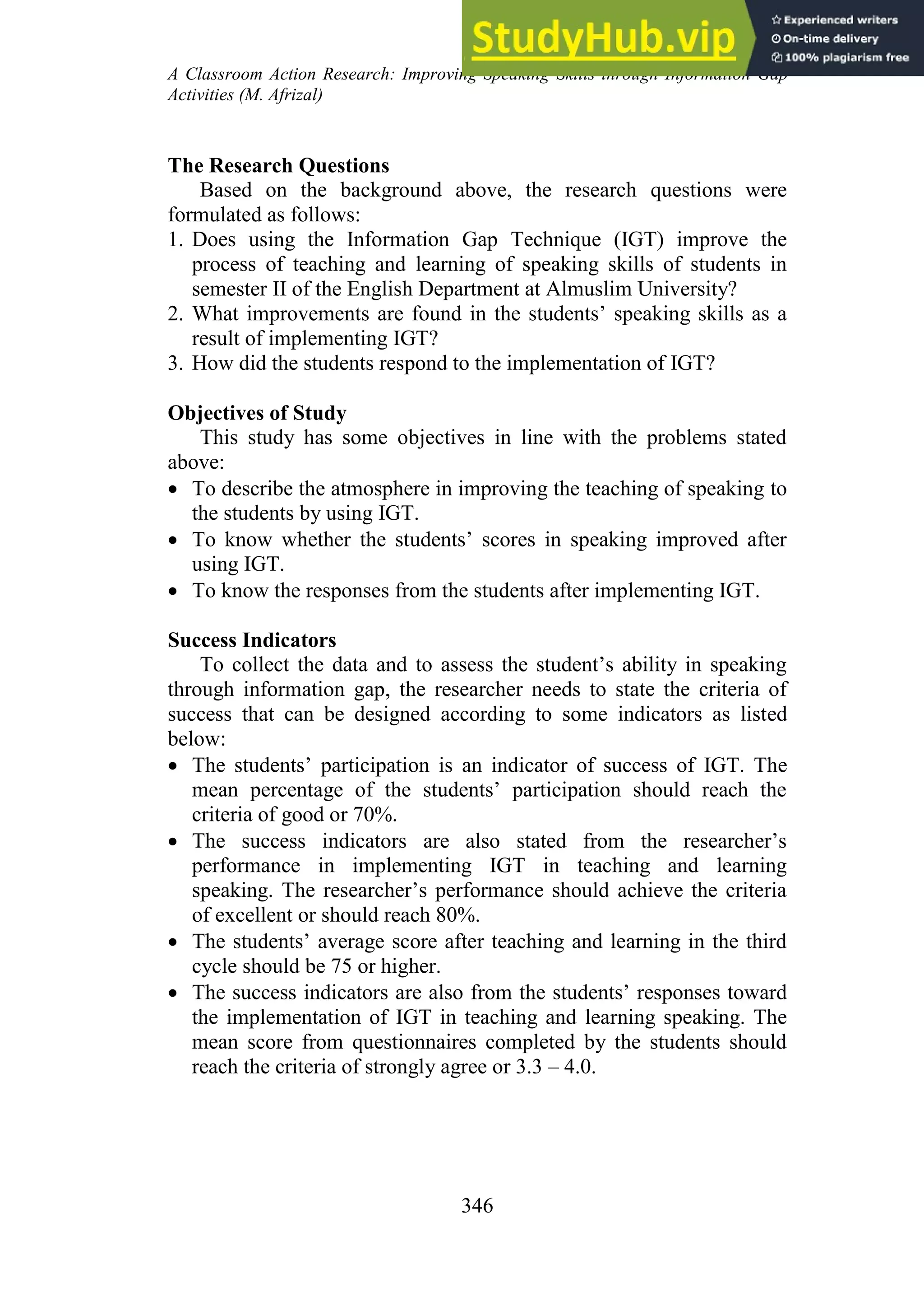 A CLASSROOM ACTION RESEARCH IMPROVING SPEAKING SKILLS THROUGH INFORMATION GAP ACTIVITIES | PDF