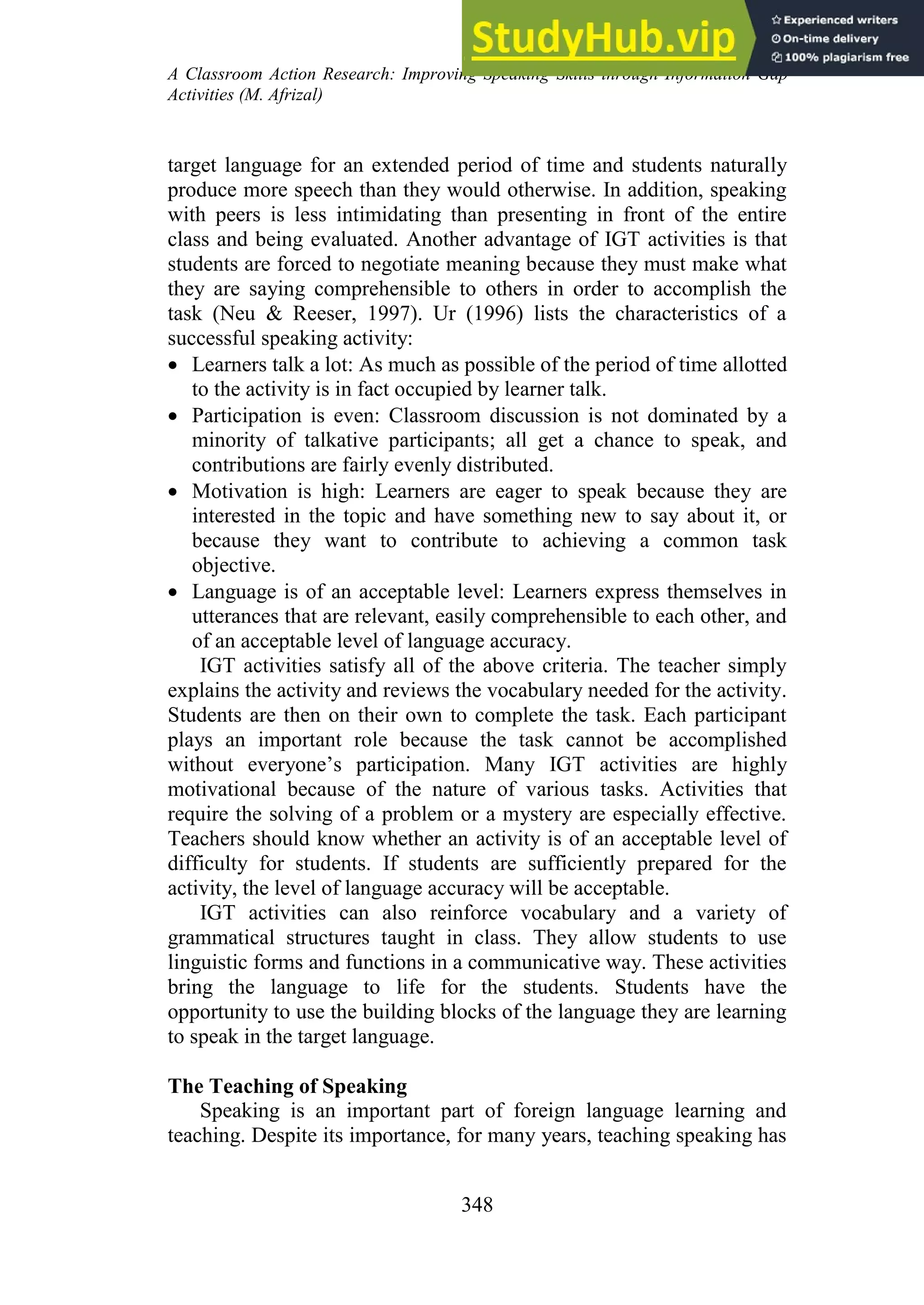 A CLASSROOM ACTION RESEARCH IMPROVING SPEAKING SKILLS THROUGH INFORMATION GAP ACTIVITIES | PDF