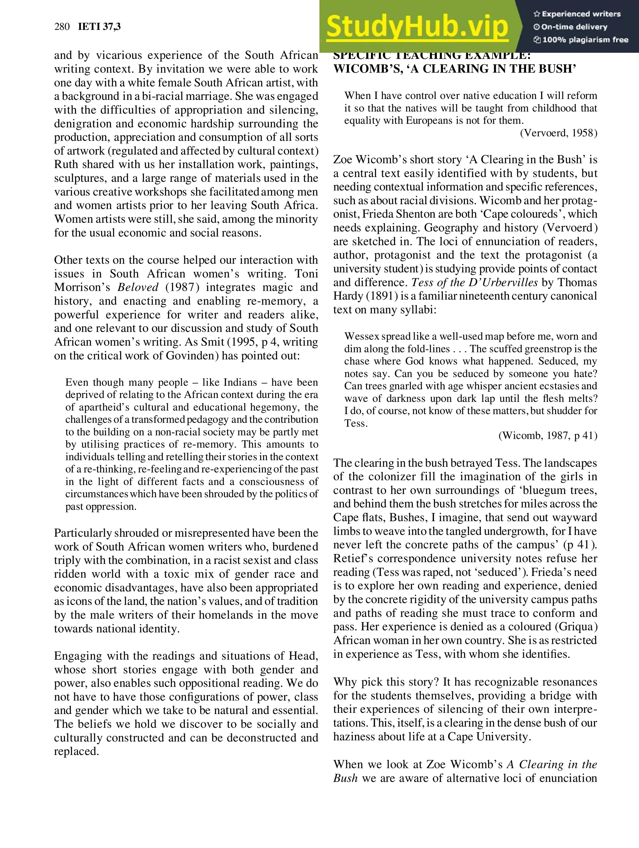 A Clearing In The Bush Teaching South African Women S Writing | PDF