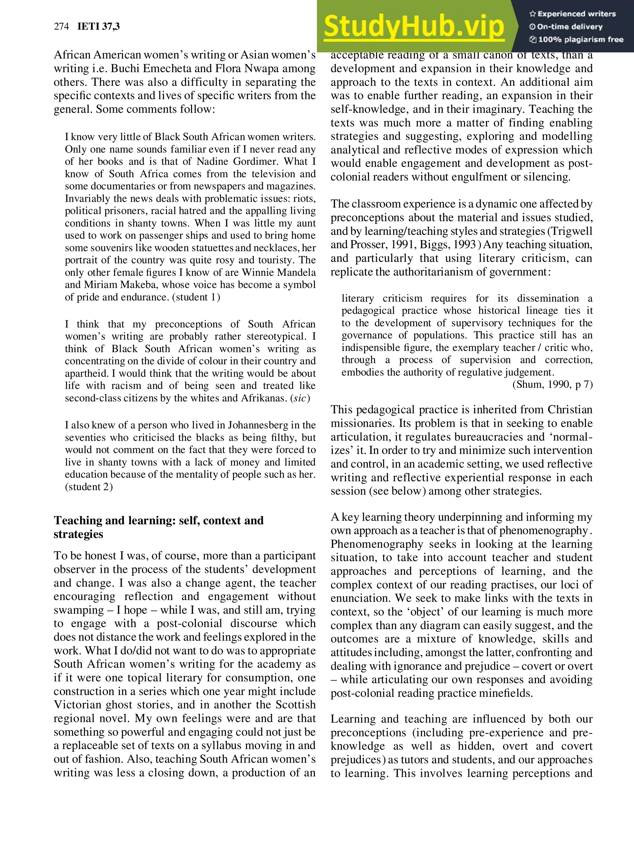 A Clearing In The Bush Teaching South African Women S Writing | PDF