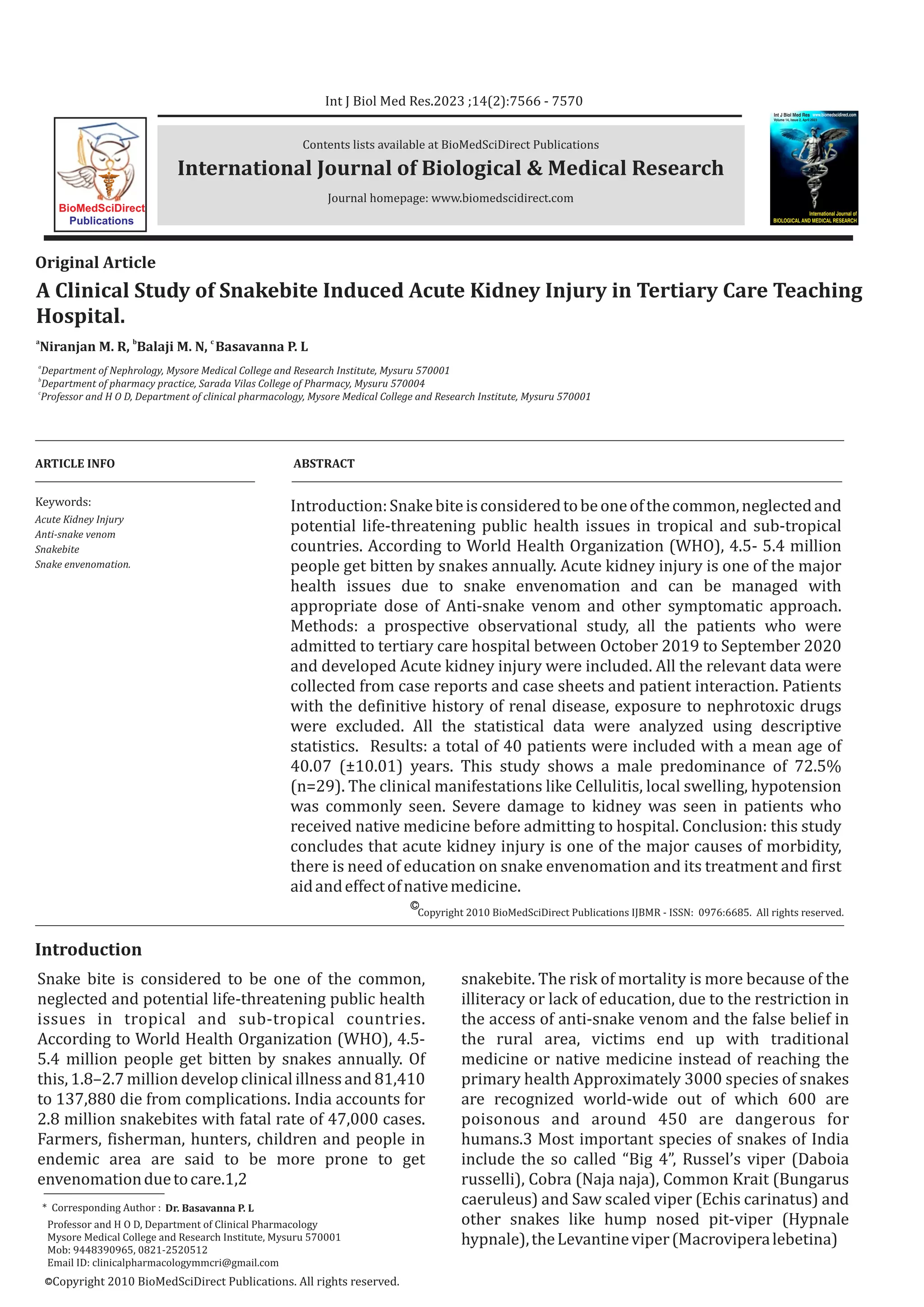 A Clinical Study of Snakebite Induced Acute Kidney Injury in Tertiary ...