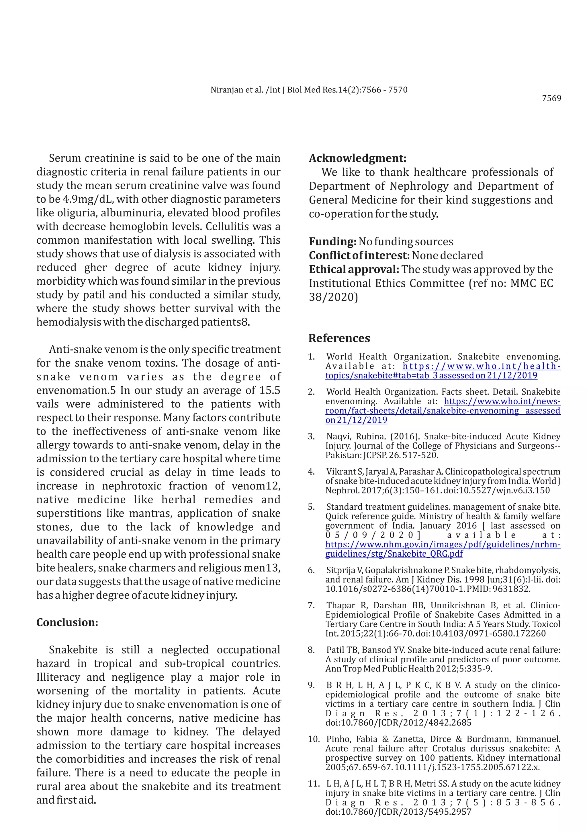 A Clinical Study of Snakebite Induced Acute Kidney Injury in Tertiary ...